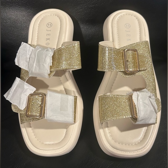 Jeko | Shoes | Jeko Gold Metallic Platform Wedge Sandal Sliders Beige ...